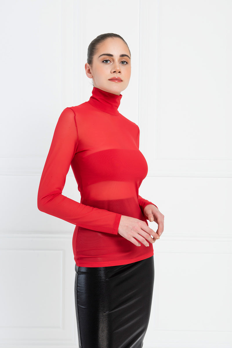 Nadia Sheer Mesh Basic Long Sleeve Mock Neck - Cherry – Mint Market